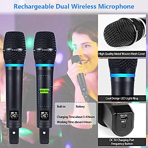 Kithouse S9 UHF Rechargeable Wireless Microphone System Karaoke Microphone Wireless Mic Cordless Dual with Bluetooth Receiver Box + Volume Control ECHO for Karaoke Singing Speech Meeting Church, 200FT