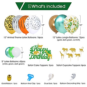 NAIWOXI Safari Birthday Decorations 90PcsSet Jungle Theme Party Supplies Set Including Animal Foil Balloons, Foil Curtains, Cake Toppers, Banner, Jungle Balloon Garland Kit, Safari Baby Shower