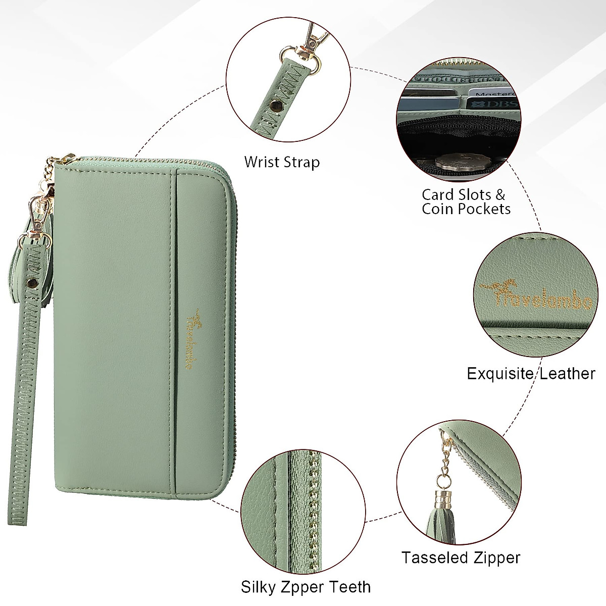 Travelambo Womens Wallet Tassel Bifold Ladies Clutch Wristlet Wrist strap Long Purse (Access Green Blooming)