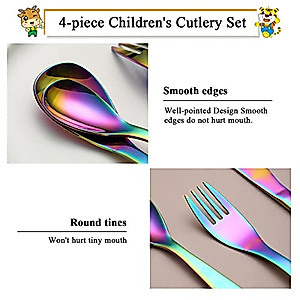 Berglander Rainbow Toddler Utensils 4 Pieces Colorful Titanium Plating Kids Silverware Set, Children Safe Forks and Spoons Flatware, Mirror Polished Smooth Round Edage Cutlery Sets, Dishwasher Safe