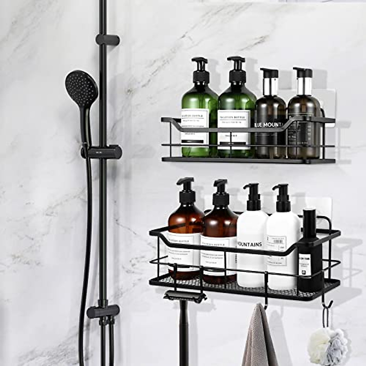 steauty Shower Caddy,3-Pack Bathroom Organizer, Unique Mesh Bottom Design of Shower Shelves, 2 Install Methods（Self Adhesive & Screw）,Black Shower Shelf for Inside Shower