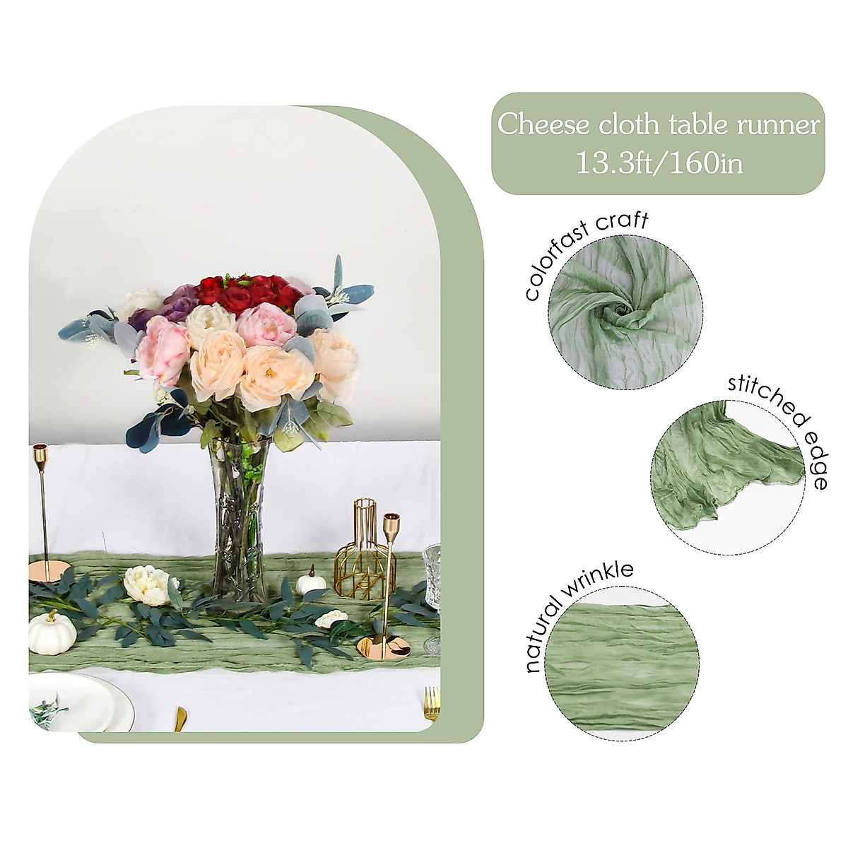 3 Pack 160 inch Sage Green Cheesecloth Table Runner-13.3ft Long Sage Table Runner Sheer Gauze Cheese Cloth Runner Sage Party Decorations for Wedding Reception, Baby Shower Bridal Shower Birthday Party