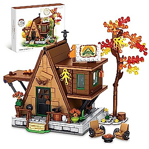QLT A-Frame Cabin Building Set, Jungle Wood-Cabin House Building Set with LED Lighting Kit, Camping Friends Set Gift for 6+ Year Old Kids, Compatible with Lego (683 Pcs)