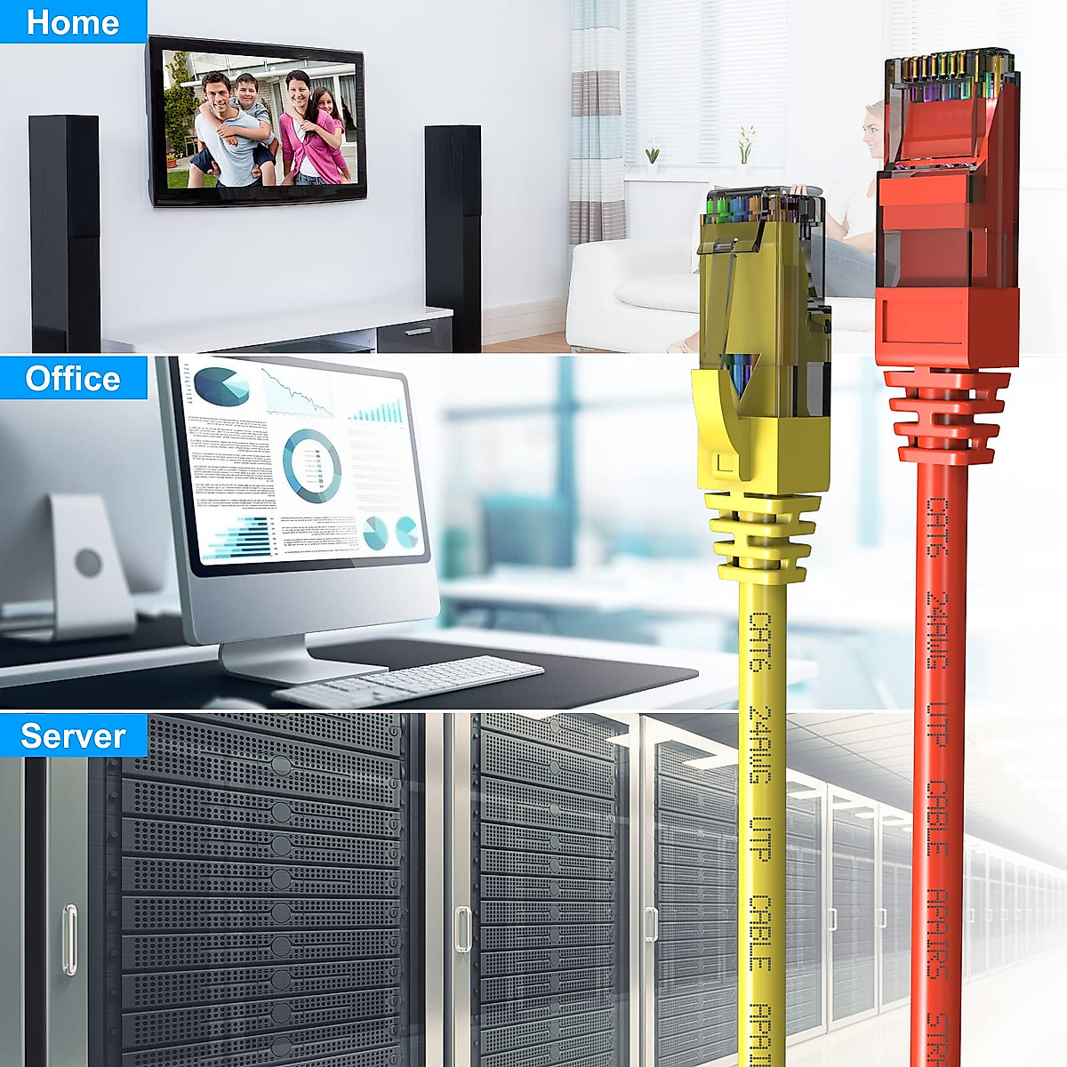 Cat6 Patch Cables 3 Feet (6 Pack), Cat 6 Ethernet Cable, 24AWG CCA Cord, UTP Network, Internet Cable, Compatible for PC, Laptop, Routers, Switches, Servers, Printers, RJ45 LAN with 25 Cable Ties - 3FT