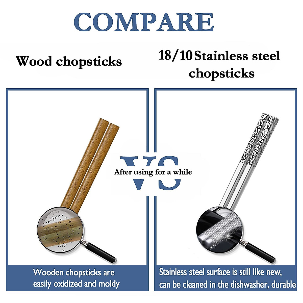 Metal Chopsticks 18/10 Stainless Steel Reusable Chopsticks Cute Laser Engraved Non-slip Korean Japanese Chinese Chopsticks,18/10 Stainless steel Dishwasher Safe for Cooking Eating 9 1/4 Inches 5 Pairs