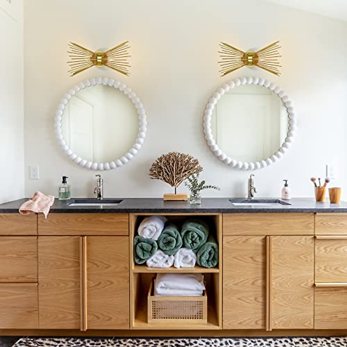 Henveton Brass Mid Century Wall Sconce Sunburst 2-Light, Modern Gold Vanity Light Wall Mount Lamp Industiral Indoor Lighting Fixture for Bathroom, Makeup Vanity, Bedroom, Living Room, Pack of 1