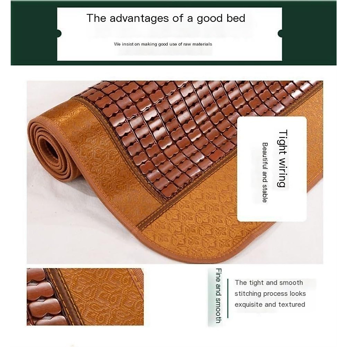 Double Cooling Bamboo Sleeping Mat, Foldable Carbonized Mahjong Mattress for Summer, Smooth Breathable Pad for Bedroom and Travel(Khaki,1.5 * 1.95m)