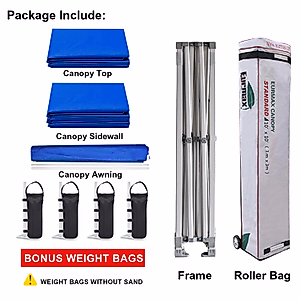 Eurmax USA 10 x 10 Pop up Canopy Pergolas Tent Outdoor Party Canopies with 4 Removable Zippered Sidewalls and Roller Bag Bonus 4 Canopy Sand Bags & 24 Squre Ft Extended Awning(Blue)