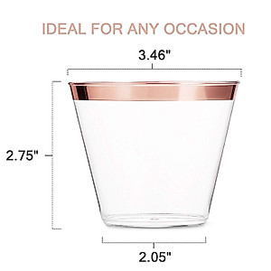 KARRAHOME 50 Rose Gold Cups 9 Oz Rose Gold Plastic Cups Fancy Disposable Wedding Cups Elegant Party Cups with Rose Gold Rim Flexible Party Wedding Rose Gold Plastic Tumblers