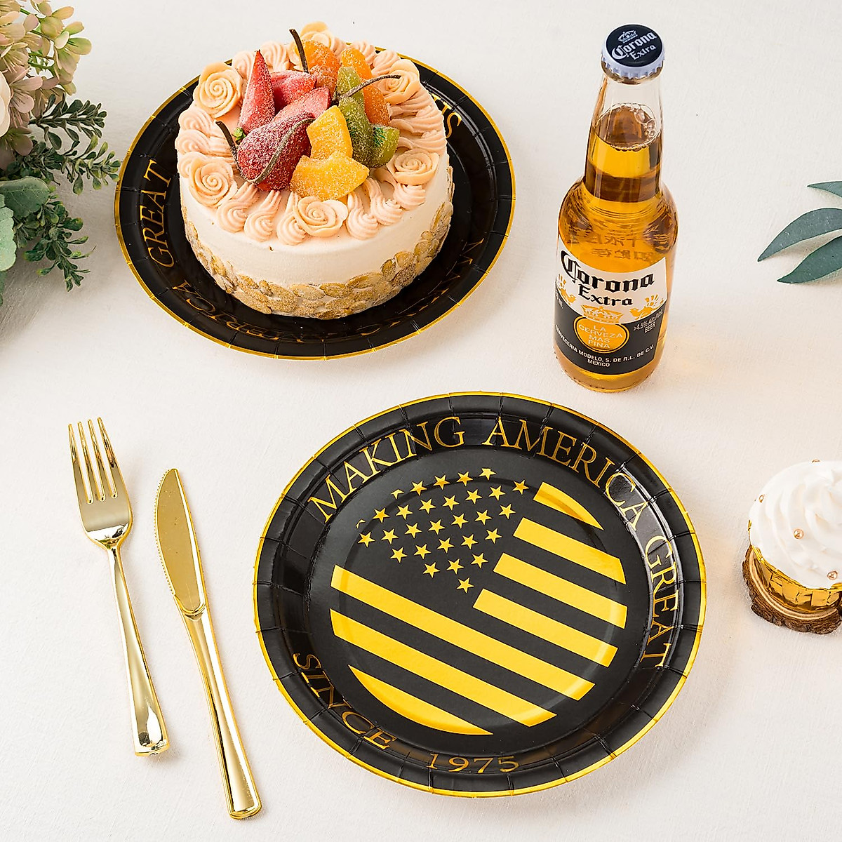 Crisky 50th Birthday Plates Black and Gold Dessert, Buffet, Cake, Lunch, Dinner Plates for 50th Birthday Decorations Party Supplies, Making Great Since 1975. 50 Count, 9" Plate