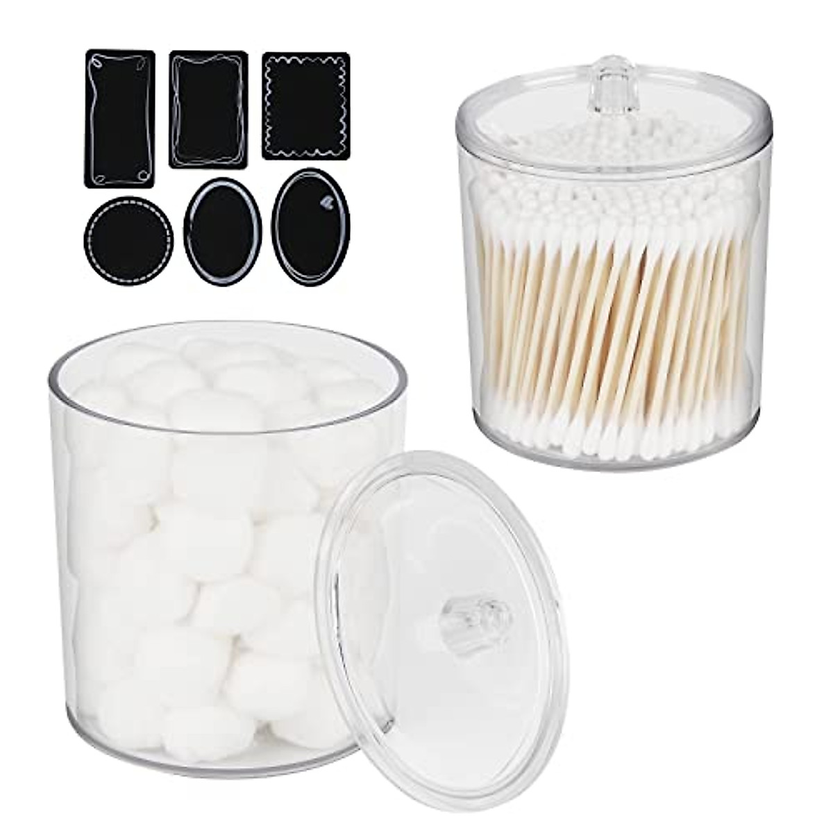 Qtip Holder Storage Canister Clear Plastic Jar for Cotton Ball,Cotton Swab,Cotton Rounds,Floss Picks, Hair Clips,Qtip Dispenser Apothecary Jars,Bathroom Organizer,Makeup Organizer with 6 Labels（15 oz+20 oz）