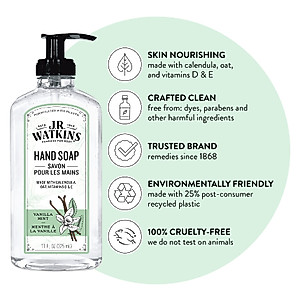 J.R. Watkins Gel Hand Soap with Dispenser, Moisturizing Hand Wash, All Natural, Alcohol-Free, Cruelty-Free, USA Made, Vanilla Mint, 11 fl oz, 3 Pack