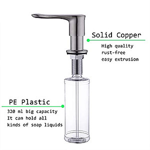 Kitchen Sink Soap Dispenser Brushed Nickel BZOOSIU Solid Brass Pump Head Sink Refillable Bottle, Spot Resist Stainless