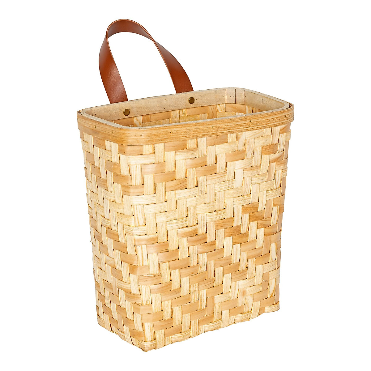 Stratton Home Decor Modern Farmhouse Woven Wall Basket with Faux Leather Handle - Stylish Storage for Books, Magazines, Blankets - Rustic Accent Piece for Living Room, Bedroom, Entryway, Hallway