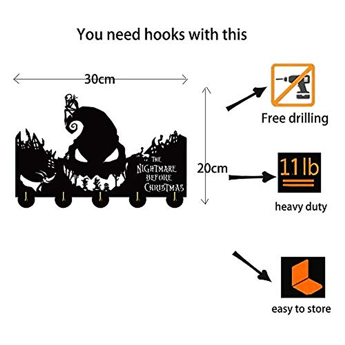 Nightmare Before Christmas Key Hooks-Jack Skellington Wall Hooks Heavy Duty 20LB(Max),Jack Wall Décor,Wood Coat Hooks, Key Holder,Key Hanger for Wall、Entryway and Kitchen