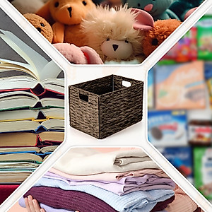 Layhit 4 Pcs Wicker Storage Basket Water Hyacinth Handwoven Baskets with Handles Foldable Woven Organizer Multipurpose Wicker Storage Bins for Bedroom Living Room(16 x 11 x 11'',Dark Brown)