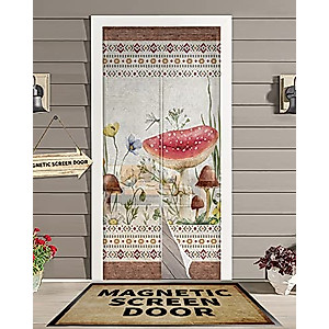 ZOE GARDEN Southwest Mushroom Magnetic Screen Door for Sliding/Single/French Doors, Self Sealing Magnets Patio Door Screen Heavy Duty Mesh Curtain, Brown Country Rustic Flower Plant Leaves