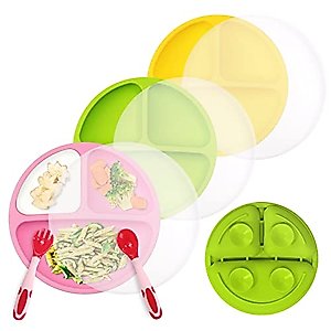 Wee me Suction Plates for Babies & Toddlers - Silicone Plates with Lids and Spoon Fork For Baby, Dishwasher and Microwave Oven Safe, 3 Pack (Green, Pink & Yellow)