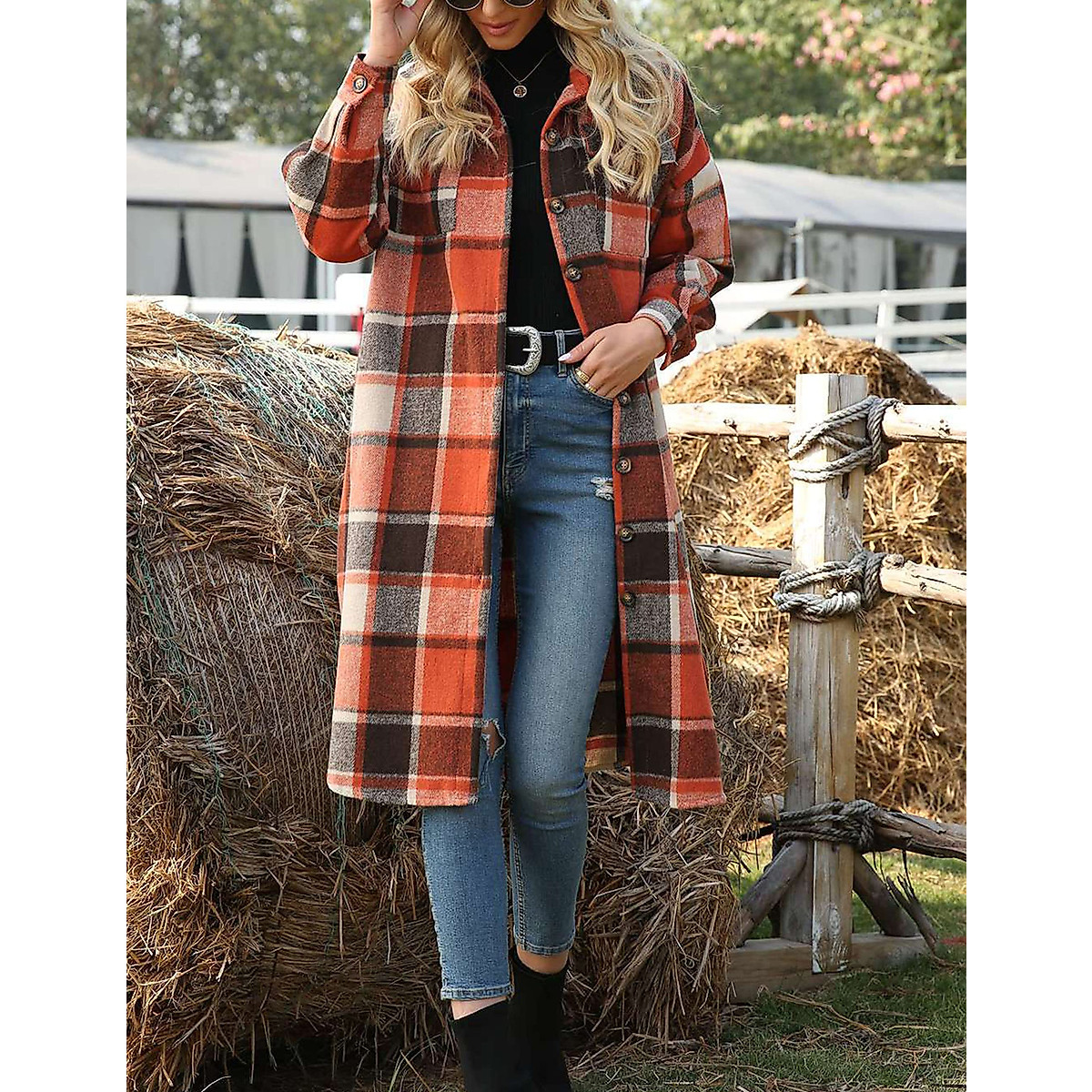 Himosyber Women's Casual Plaid Lapel Woolen Button Up Pocketed Long Shacket Coat (Red-S)