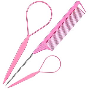 TsMADDTs Hair Styling Tool Set - 3 Pcs French Braid Tool, Rat Tail Comb, and Metal Braiding Pin in Pink