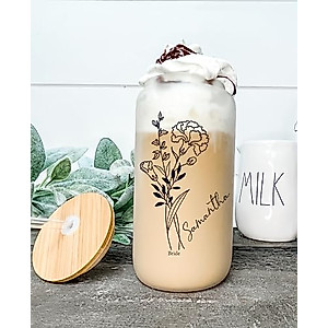 Customized Glass Tumbler with Flower and Name - Personalized Tumbler Set with Straw - Bridal Party Gifts - Bachelorette Party Tumblers - Bamboo Lid Iced Coffee Cup - Bridesamid Gifts
