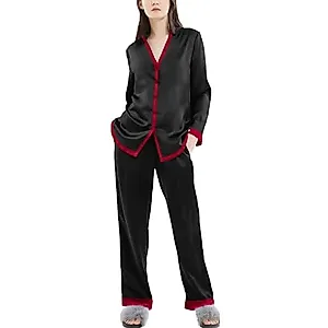 SWOMOG Women Silk Satin Pajama Set Button Down 2Pcs Sleepwear Long Sleeve Pjs Soft Black XLarge Loungewear with Pockets