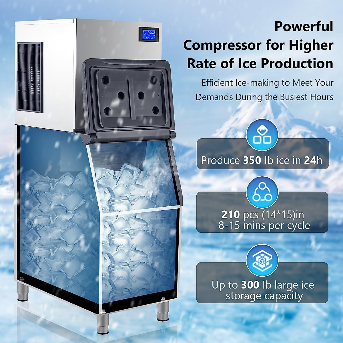Commercial Ice Maker 350Lbs/24H, 1000W Stainless Steel Ice Machine with 310Lbs Ice Storage Bin, Free-Standing Ice Maker with LCD Panel Auto Operation, Industrial Ice Machine for Business