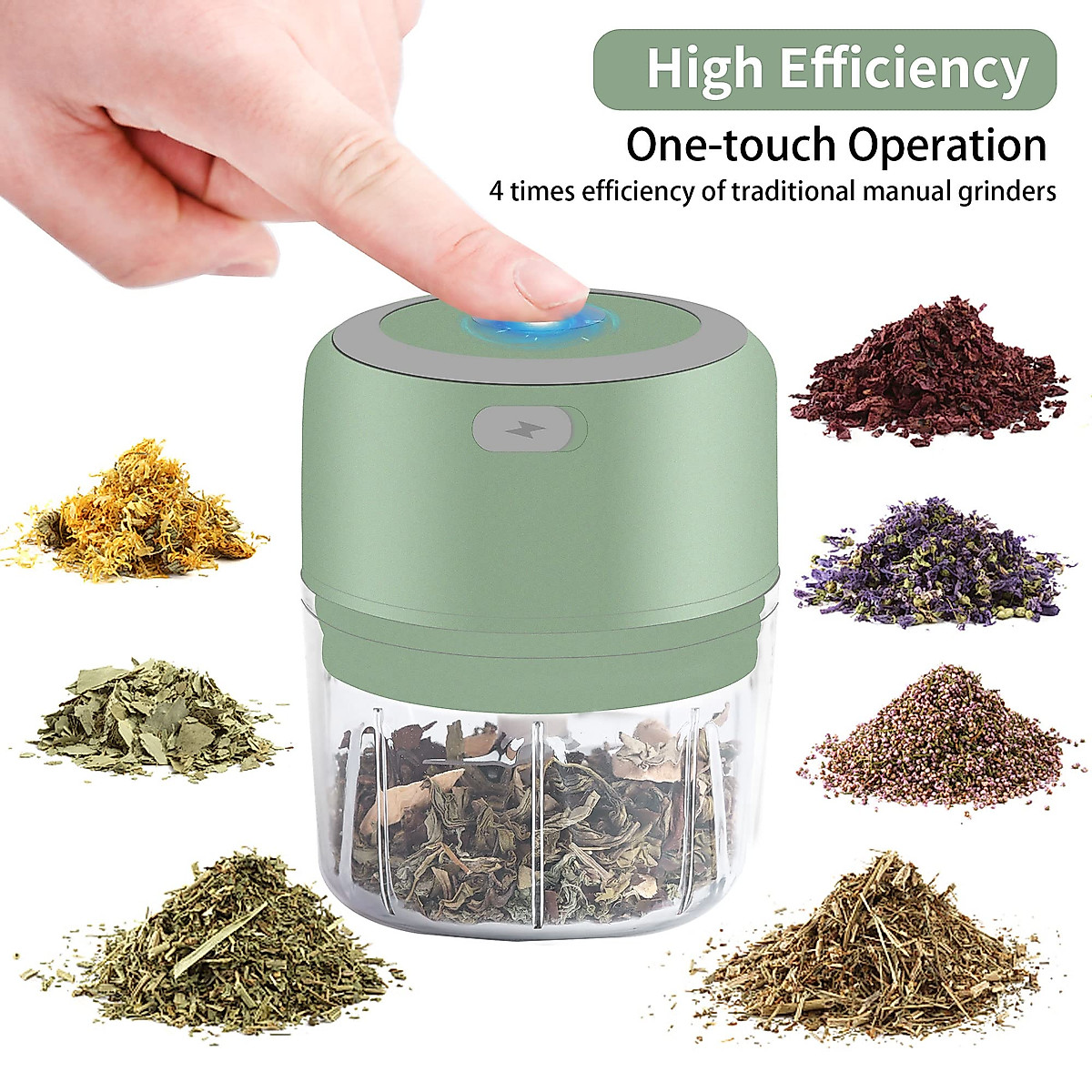 VRUPINZE Electric Herb Grinder, 3.5 Inch Large Grinders for Grinding Dry Fresh Herbs and Spice with Clear Chamber, Portable USB Charge Herb Grinder, Including Clean Brush and Tweezers, Gift Box, Green
