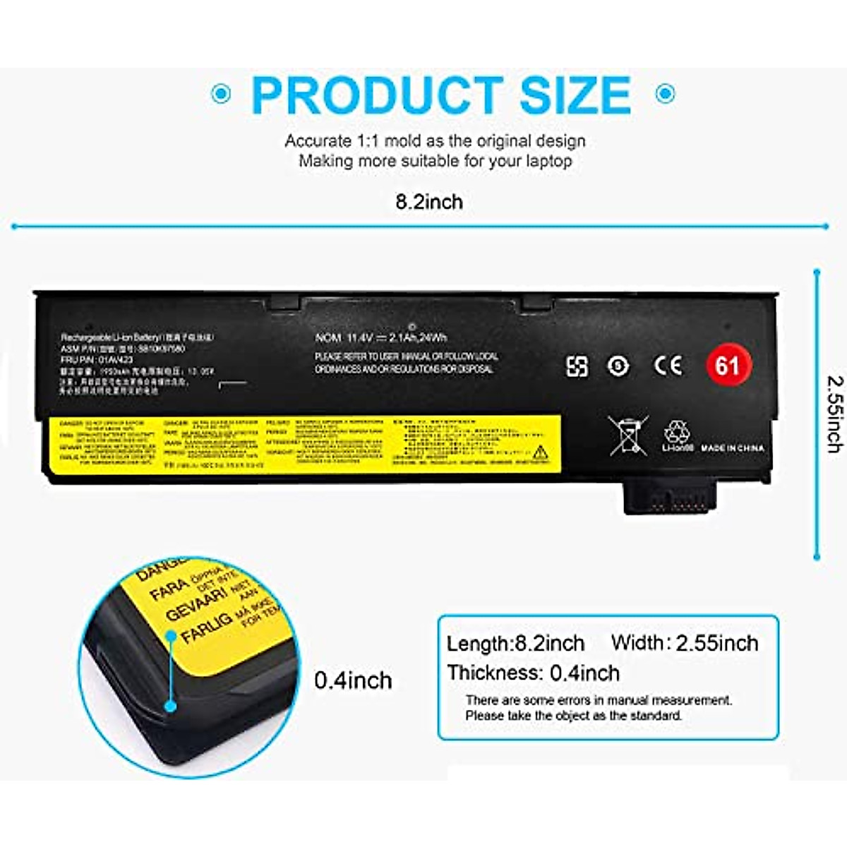 T470 T480 T580 Laptop Battery Replacement for Lenovo ThinkPad P51S P52S A475 A485 T470 T480 T570 T580 TP25 A275 Series 01AV423 01AV425 SB10K97580 4X50M08810 01AV422 SB10K97579 SB10K97581 11.4V 24WH