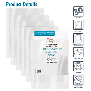 Recipe Sheet Protectors Full Page, 8.5 x 11 inch, 30 Pack, Heavyweight, Top Load, by Better Kitchen Products, Page Protector Binder Sheets, 3-Hole Punched, for Recipe Binders, 30 Pack