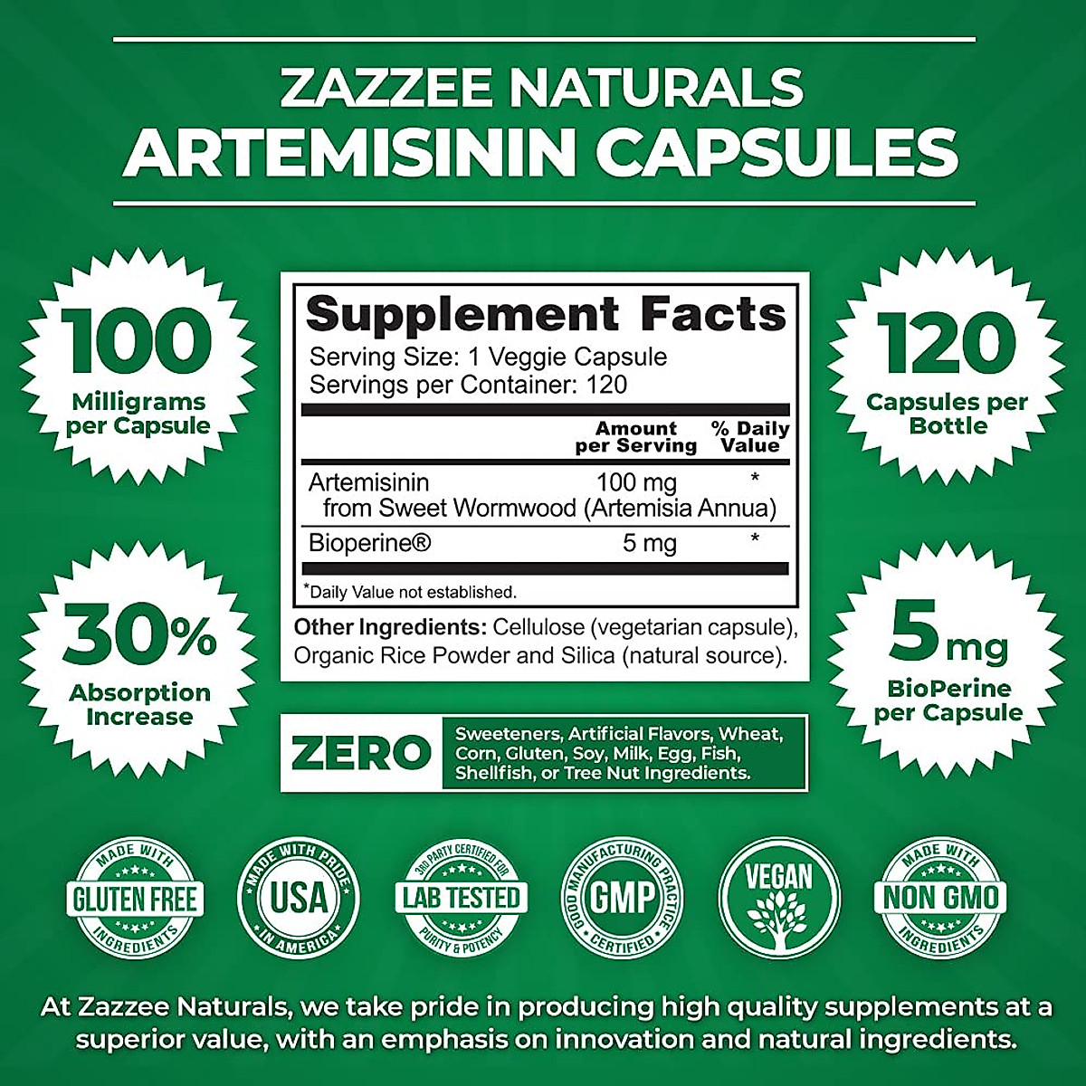 Zazzee High Absorption Artemisinin, 100 mg per Capsule, 120 Vegan Capsules, with 5 mg BioPerine for Maximum Absorption, Sweet Wormwood Extract, 4 Month Supply, All-Natural and Non-GMO