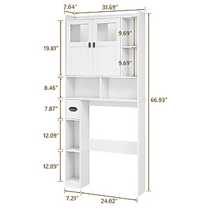 Vabches Over The Toilet Storage Cabinet, Bathroom Shelf Over Toilet with Glass Doors and Adjustable Shelves, White Freestanding Home Space Save Toilet Rack, for Restroom, Bathroom, Laundry