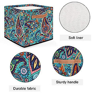 Storage Cube Bins Ethnic Paisley Large Collapsible Storage Basket with Handle Decorative Storage Boxes for Toys Organizer Closet Shelf Nursery Kid Bedroom,13x13x13