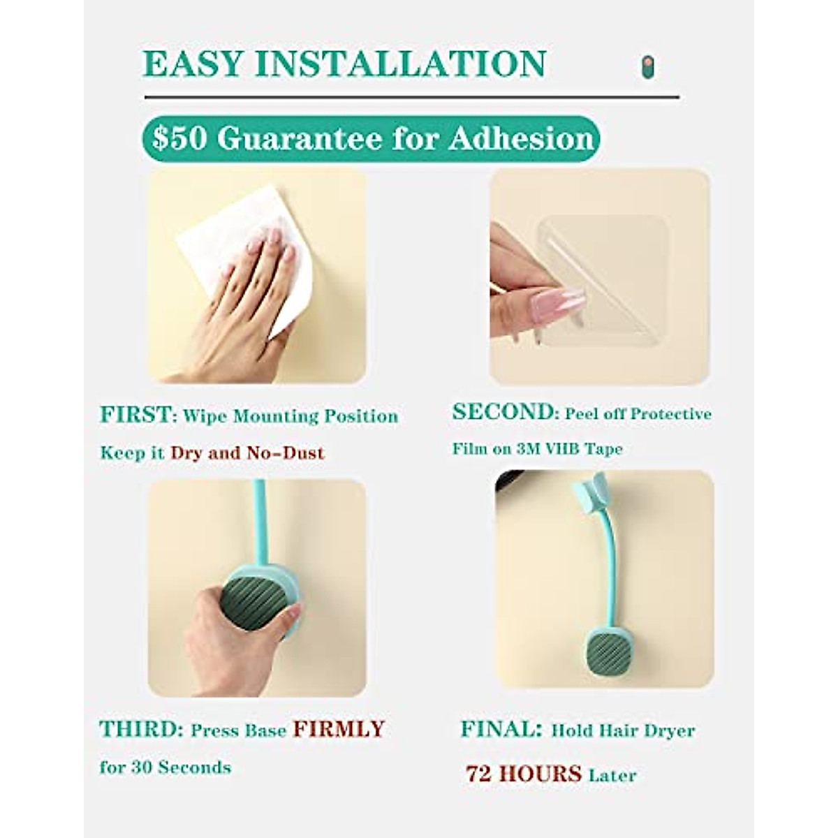 Hands Free Wall Mounted Hair Dryer Stand Holder, Drilling-Free Blow Dryer Holder with 3M VHB Tape, 360° Rotation with Adjustable Arm, Bathroom Organizer Accessories and Shower Caddy