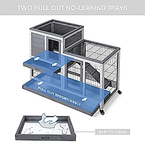 BESTDOOR 43.3'' Rabbit Hutch, Wood Indoor Rabbit Cage On Brake Wheel, Outdoor Large Rolling Bunny Hutch w/Run, Small Animal Guinea Pig Hamster Hedgehog House w/2 Deeper No Leak Tray (Grey White)