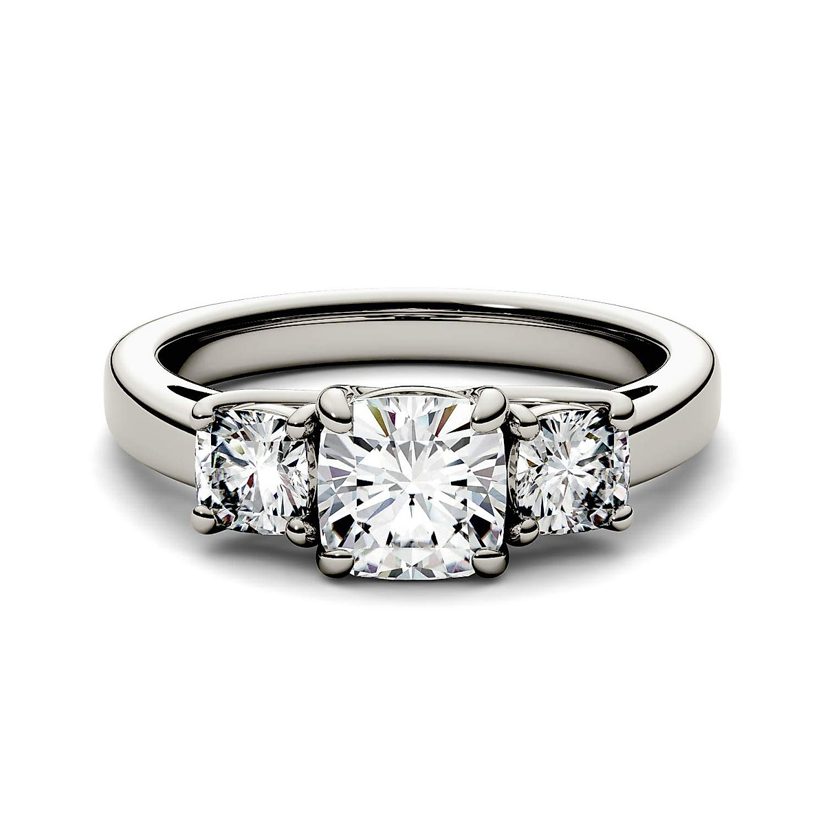14K White Gold Moissanite by Charles & Colvard 6mm Cushion Trellis Three Stone Engagement Ring-size 8.5 1.76cttw DEW