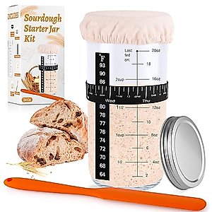 NEOBELLA Sourdough Starter Kit, 24 oz Sourdough Starter Jar with Thermometer, Feeding Date Band, Scraper, Cloth Cover, and Metal Lid. Sourdough Baking