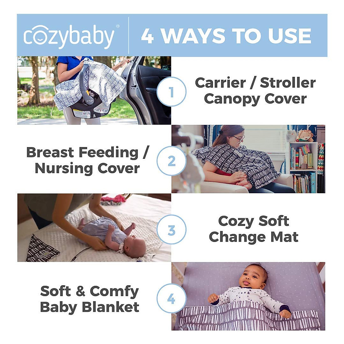 The World’s Softest 4-in-1 Carseat Canopy & Nursing Cover by CozyBaby. 4 Uses – Baby Car Seat & Stroller Cover, Nursing Cover Breastfeeding Scarf, Baby Change Mat & Ultra-Soft Baby Blanket (Gray)