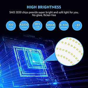 300W UFO LED High Bay Light 42000lm (Eqv.1250W MH/HPS), 5000K Daylight, 0-10V Dimmable, IP65 Waterproof, US Plug with 5ft UL Cable Commercial Lighting Fixture for Warehouse Workshop Factory Area