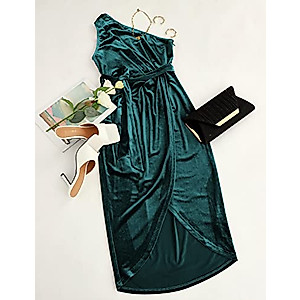 MEROKEETY Women's Sleeveless Wrap Velvet Midi Dress High Waist Asymmetrical Wedding Guest Dress with Belt, Emerald, Large