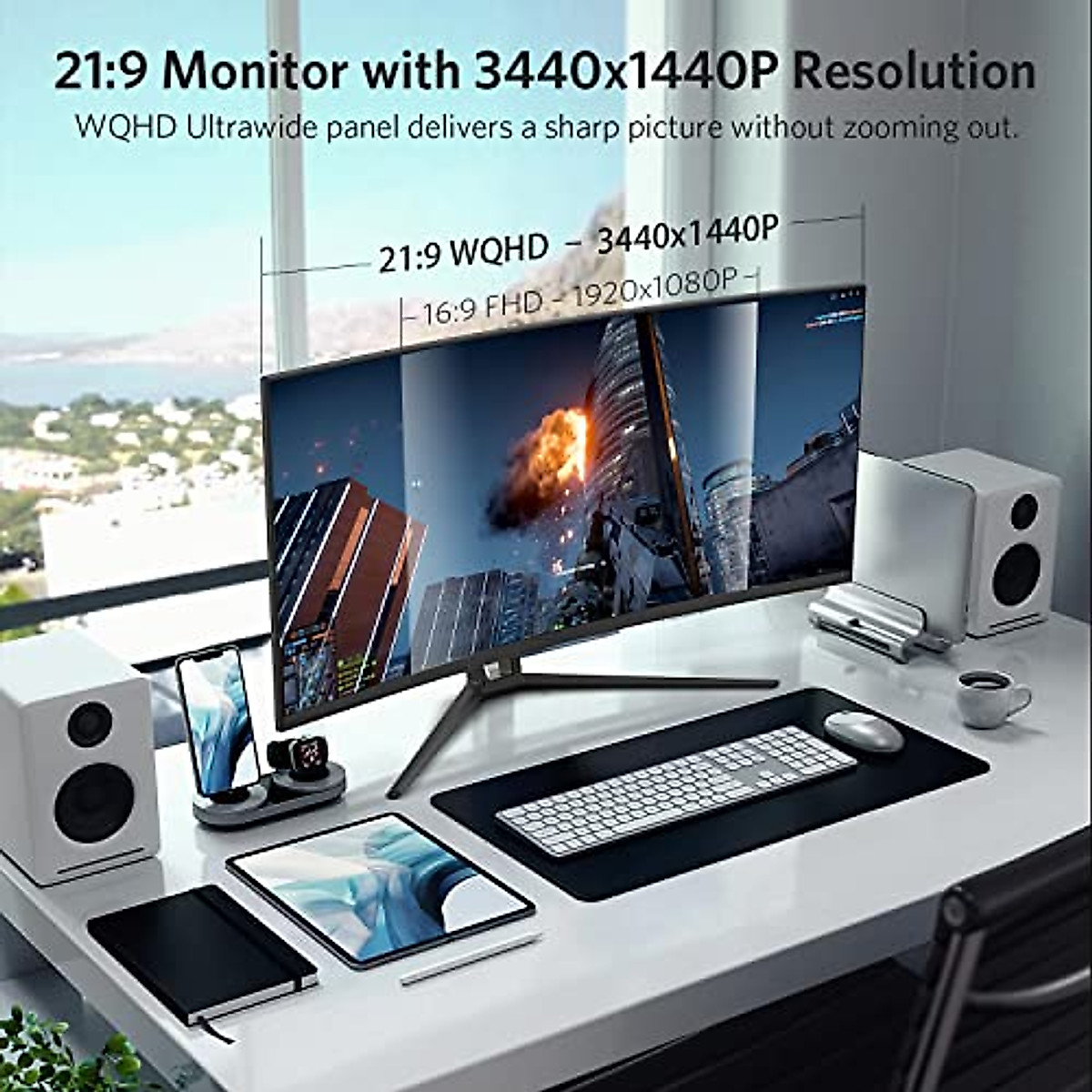 Fiodio 35” Ultra Wide QHD 21:9 Gaming Monitor, with Adaptive Sync, 120Hz Refresh Rate, Picture in Picture, By sRGB 99%, 2xHDMI 2xDisplay Ports, R1800, 3440*1440P, (DP Cable Included), Black (V3L6W)