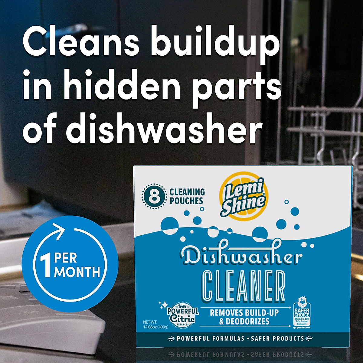 Lemi Shine Natural Dishwasher Cleaner Powered By Citric Acid | 100% Guaranteed Hard Water Cleaning Powder | Eco-Friendly Dishwasher Cleaner and Deodorizer With Fresh Lemon Scent (8 Count)