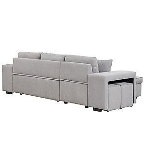P PURLOVE Sectional Sofa with Pull-Out Sleeper Sofa Bed, Reversible Sectional Sofa with Storage Chaise and 2 Stools, L Shaped Couch Set for Living Room Apartment, Gray