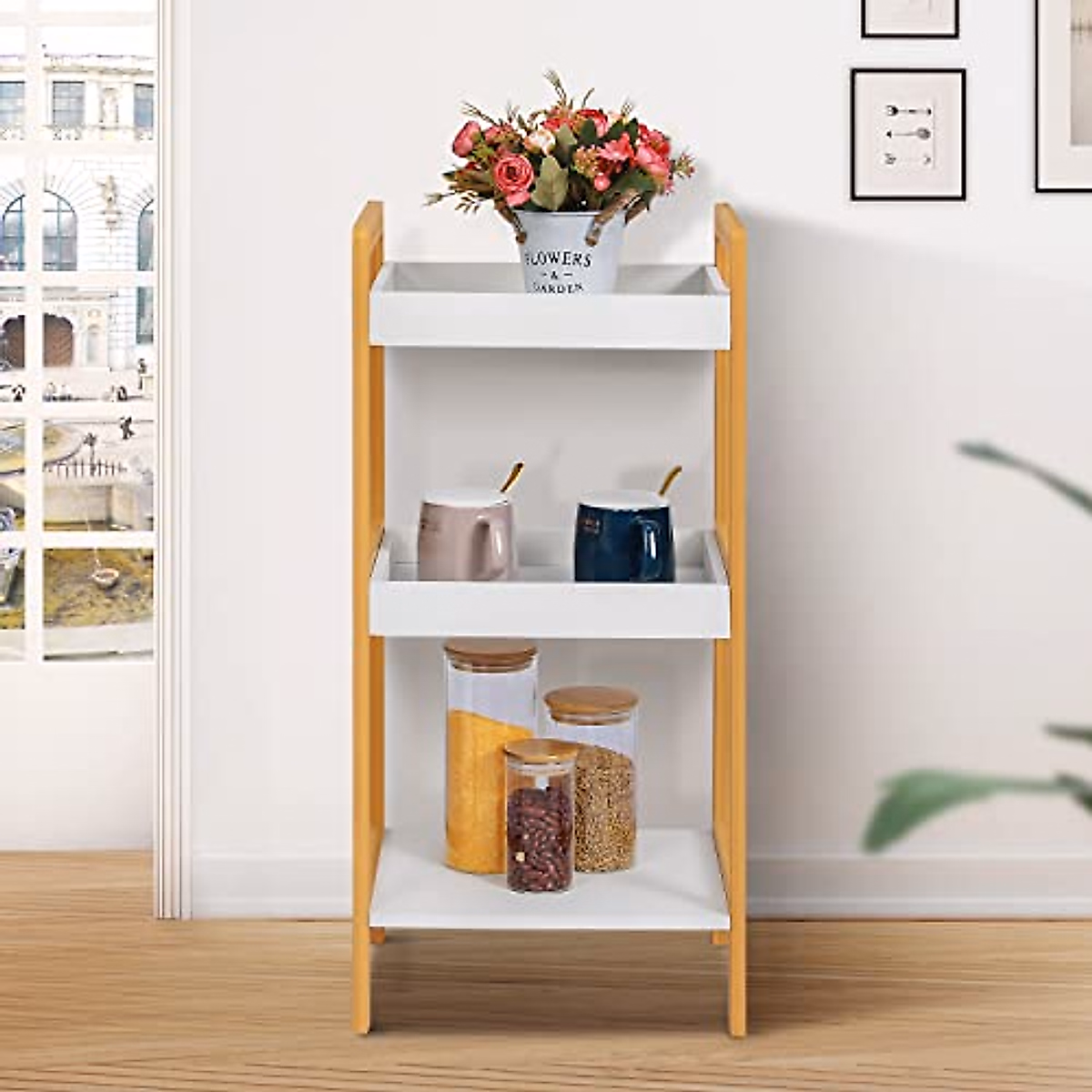MoNiBloom 3 Tier Small Bookcase, Bamboo Standing Storage Bookshelf Kids Open Shelf Organizer Display Rack Table for Bathroom Bedroom Office Living Room, Natural/White
