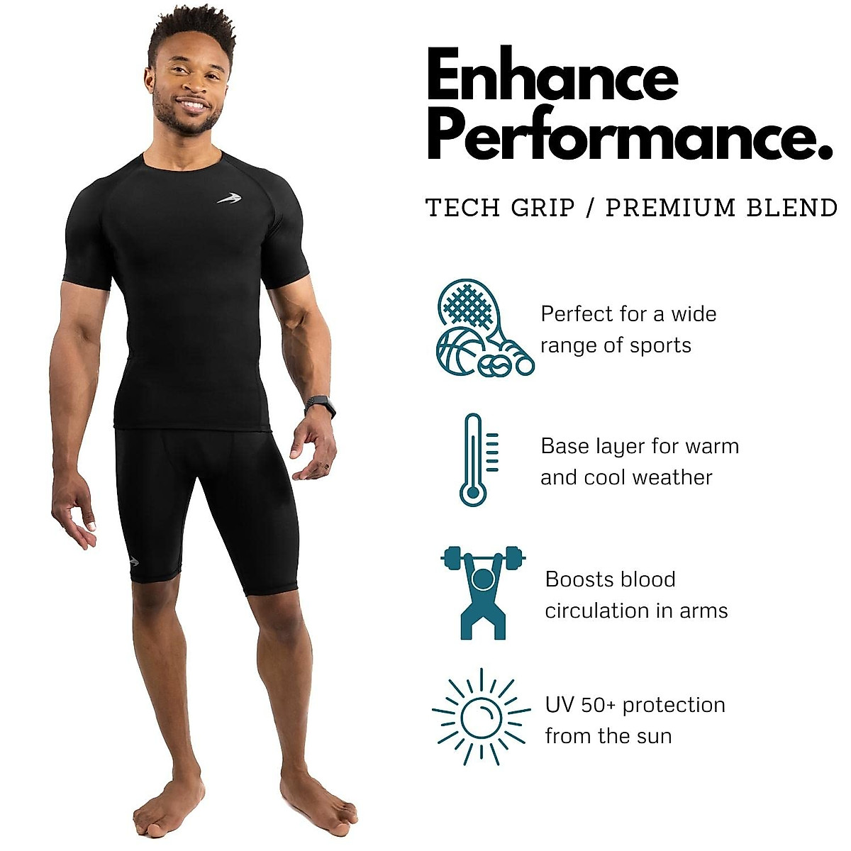 CompressionZ Men's Short Sleeve Compression Shirt - Athletic Base Layer (Black, Large)