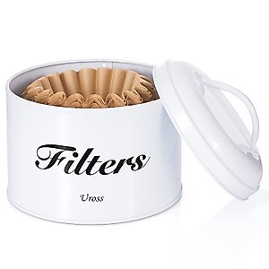 Uross Coffee Filter Holder Storage with Lid- Rustic Coffee Filter Container Basket Round Coffee Filters Storage Canister Coffee Filter Organizer Case Dispenser Coffee Bar Accessories Decor (White)
