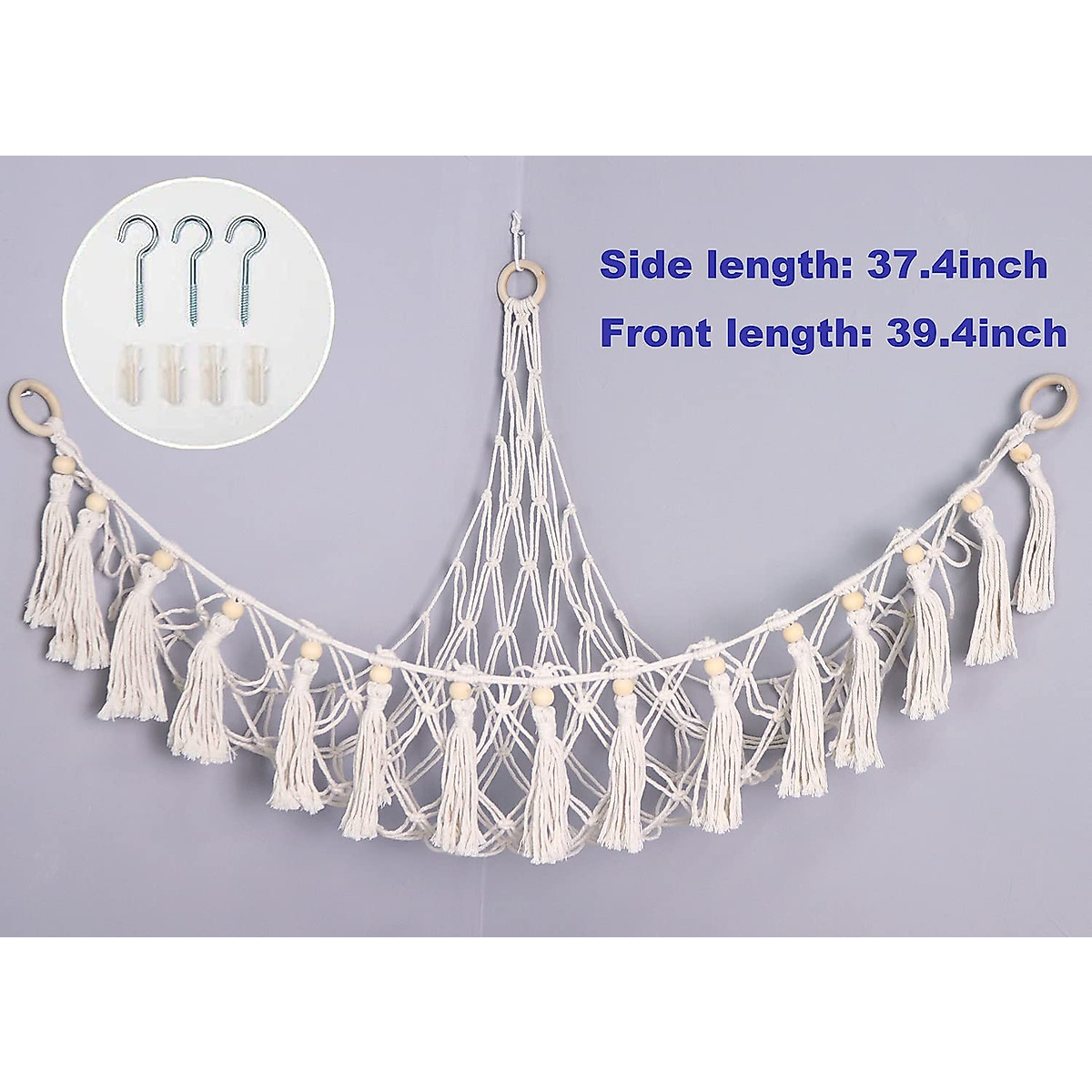 Treezea Stuffed Animal Hammock Macrame with Star Light- Boho Toy Hammock - Stuff Animal Organizer Corner Storage Hanging Fringe - Stuffed Animal Holder Net Tassels for Nursery Décor