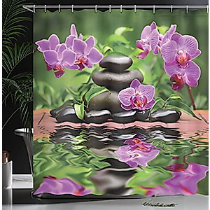 Ambesonne Spa Shower Curtain, Basalt Stones and Orchid Reflecting on Water Greenery Wellbeing Tropical, Cloth Fabric Bathroom Decor Set with Hooks, 69" W x 70" L, Green Fern