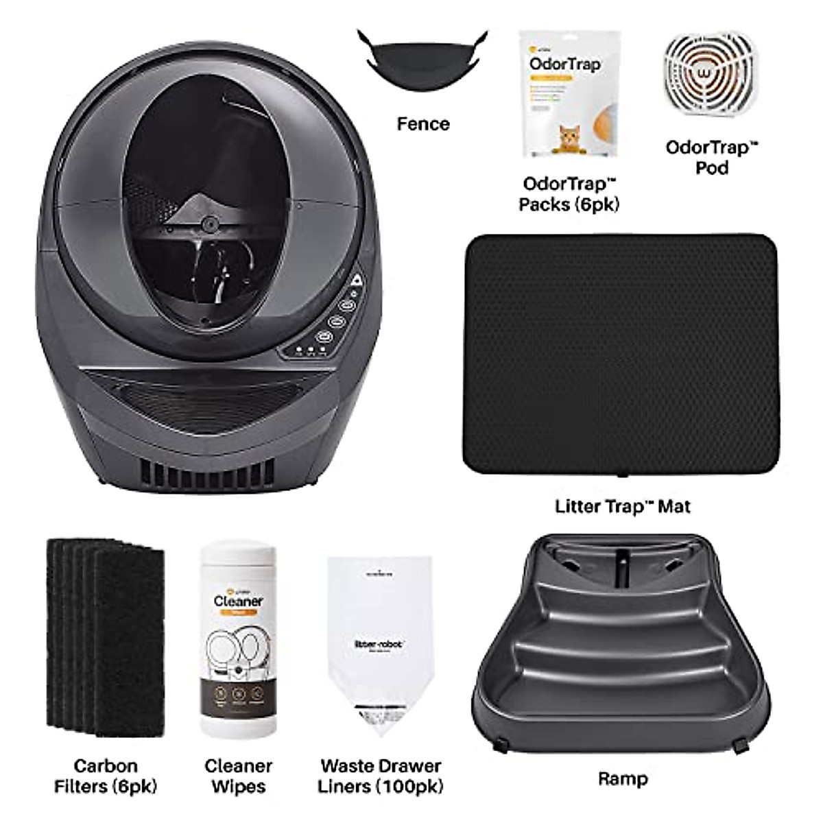 Whisker Litter-Robot 3 Connect Pro Bundle (Grey) Includes Litter-Robot 3, Litter Trap Mat, Fence, Ramp, OdorTrap Pod & 6 Refills, 100 Liners, 6 Carbon Filters, Cleaner Wipes & 1 Year WhiskerCare