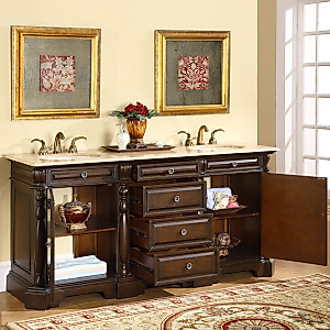 Silkroad Exclusive LTP-0176-T-UIC-72 Natural Travertine Stone Top Bathroom Vanity with Double Sink Cabinet, 72", Natural